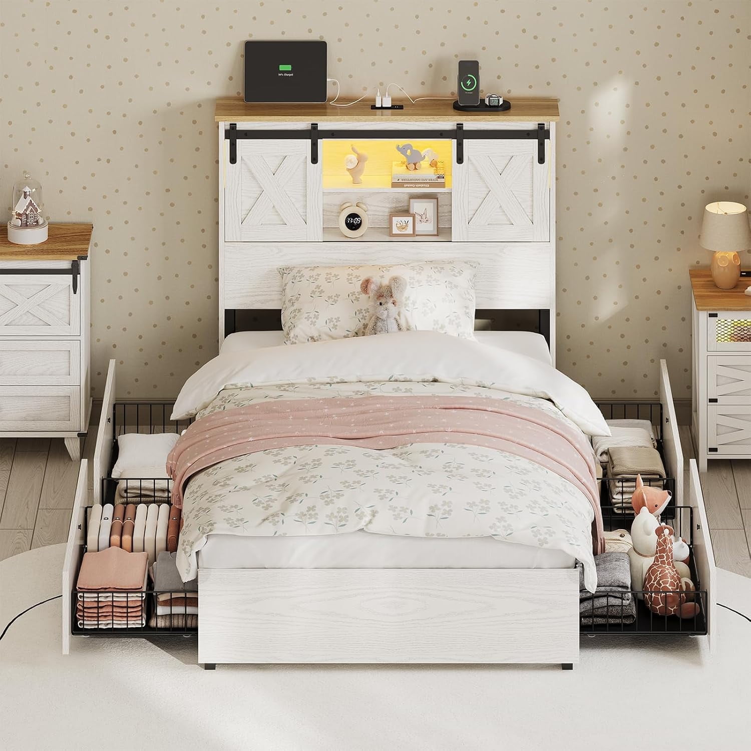 Queen Upholstered Bed Frame, LED Headboard, 4 Drawers, 2 USB Ports ...