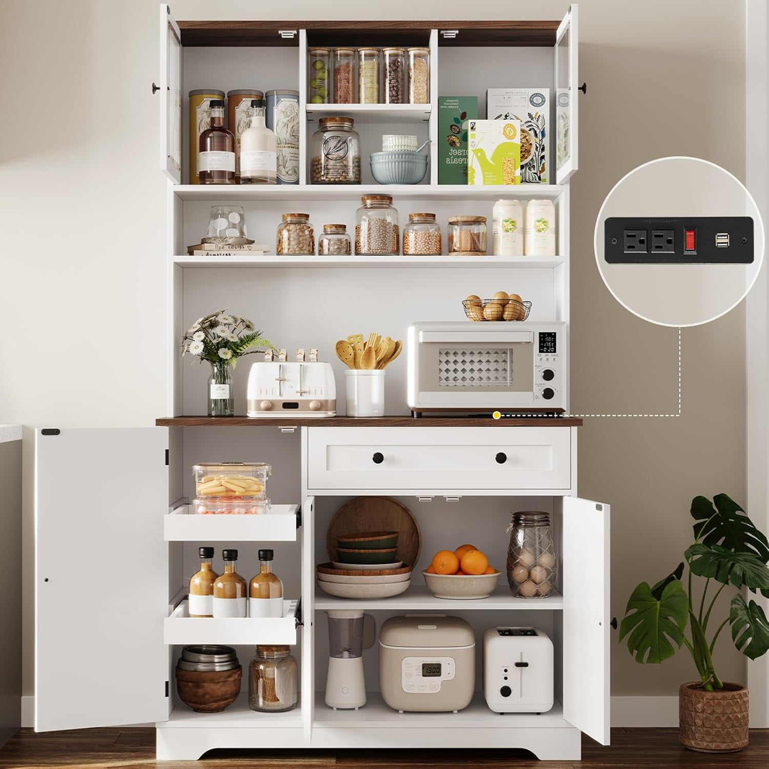 Aunfebrco White Kitchen Pantry Storage Cabinet with Microwave Stand ...