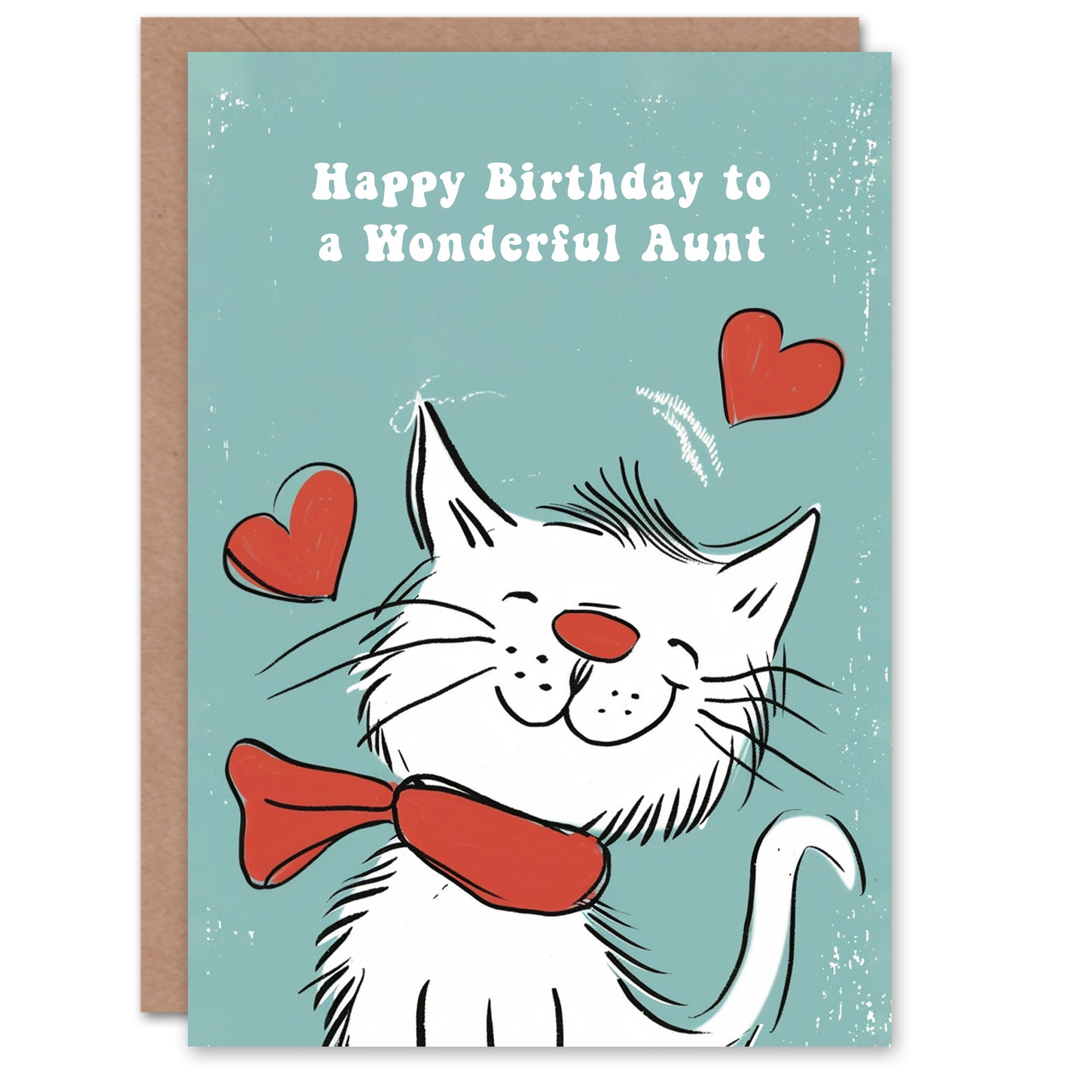 Aunt Happy Birthday Card Happy White Cat In Scarf Drawing Love Hearts ...