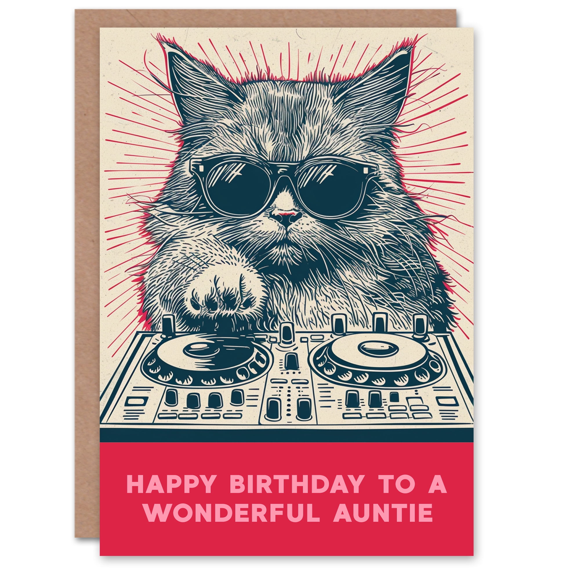 Auntie Happy Birthday Card DJ Moggie Retro Cool Cat On Decks Fun Funny For Her Greeting Card ...