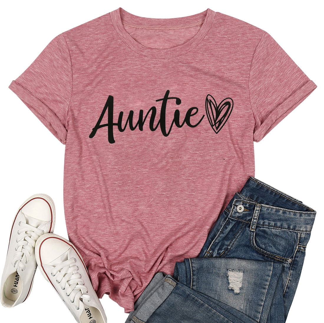 Auntie T Shirt Women Cute Love Heart Print Bless Aunt Tops Tees Casual Short Sleeve Vacation ...