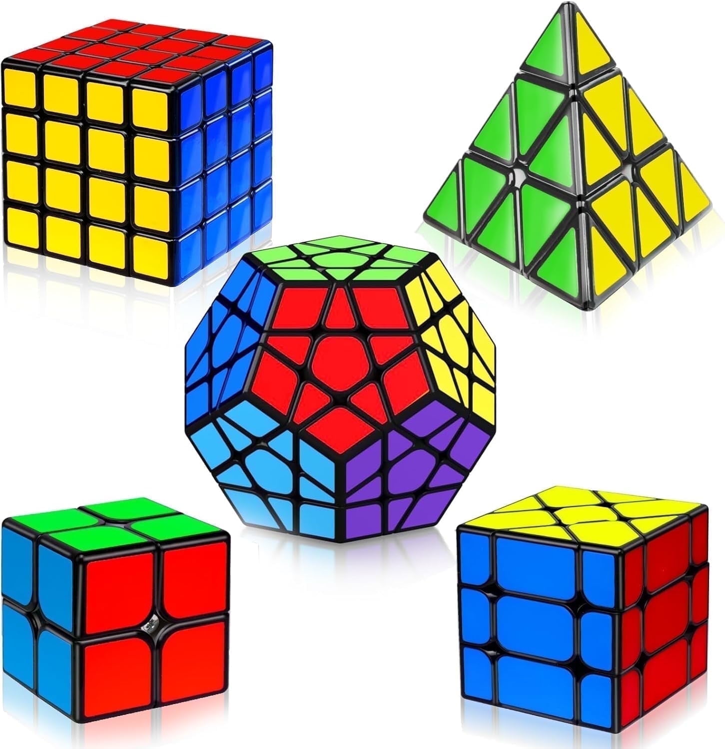 AuntyFey 5 Pack Magic Speed Cube Set, 2x2, 3x3, 4x4, Triangle Megaminx ...