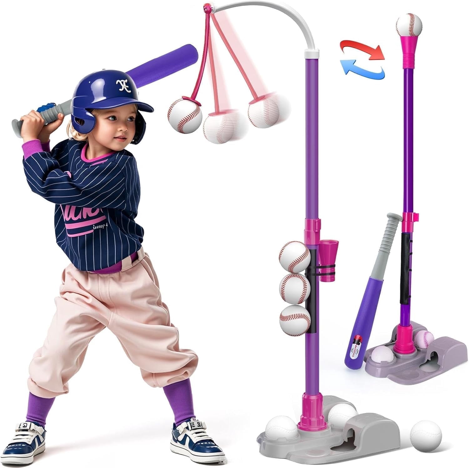 AuntyFey 2-in-1 T-ball Set for Kids, Adjustable Height Tee Ball Stand ...