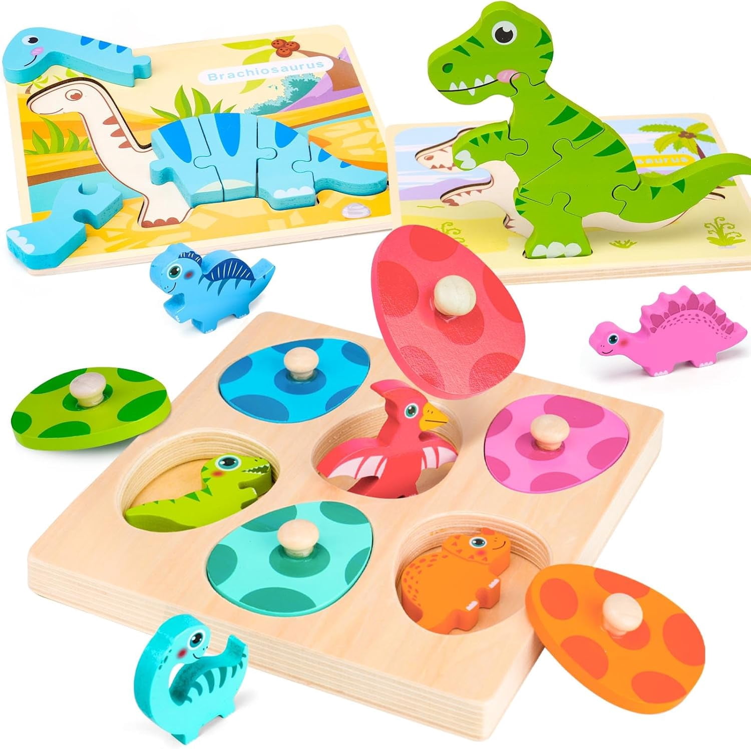 AuntyFey Wooden Puzzles for Toddlers, Dinosaur Puzzle with Eggs ...