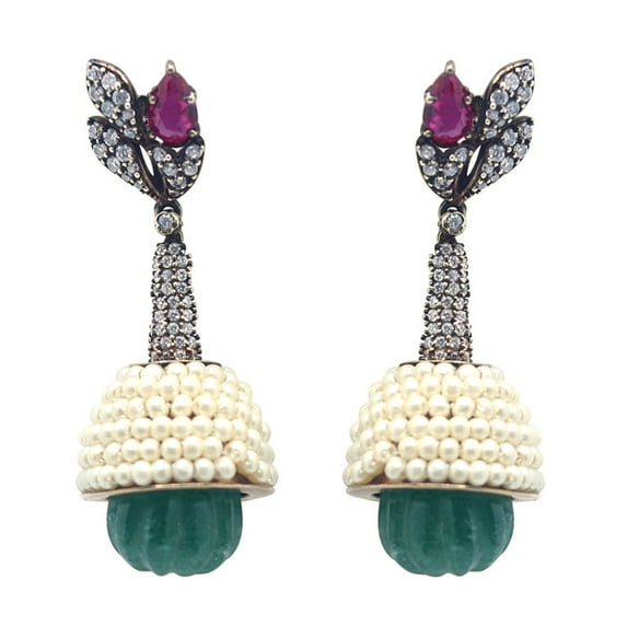 Auory Elegant Ruby Floral Pearl Dome Emerald Drop Earrings in Gold ...