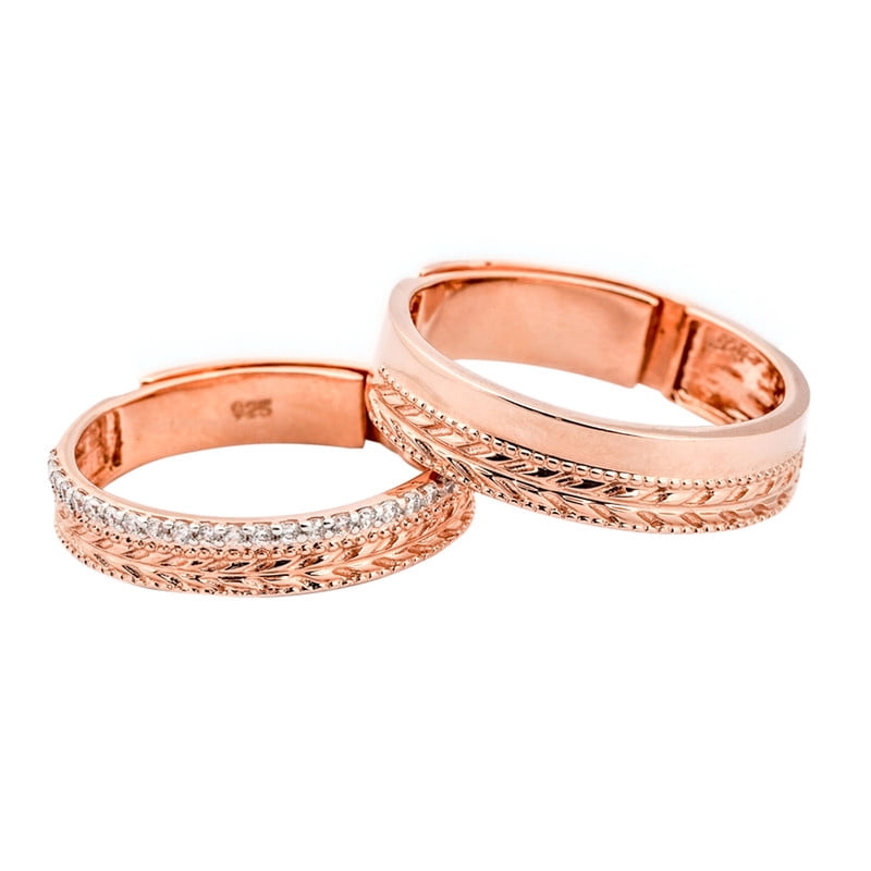 Auory Leaf Engraved Moissanite Matching Couple Ring Set in Rose Gold ...