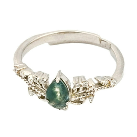 Auory Nature Inspired Pear Cut Moss Agate and Moissanite Silver Ring in ...