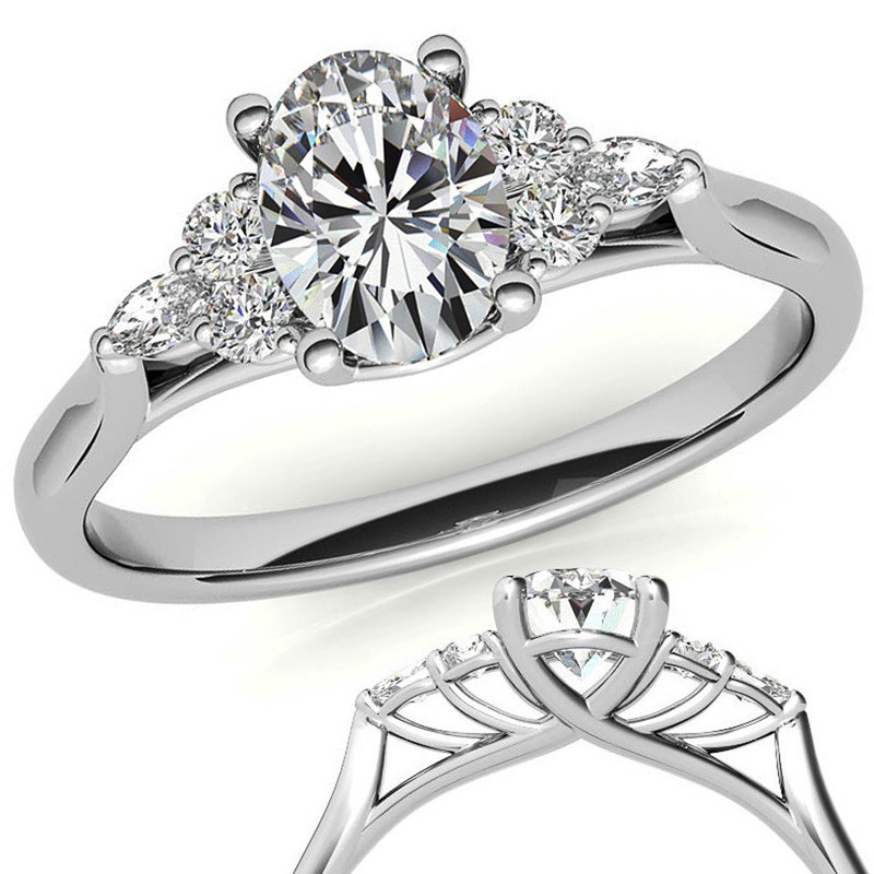 Auory Oval Cut Prong Setting Ring in White Gold Plated Hidden Halo Ring ...