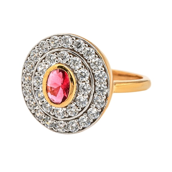 Auory Oval Ruby Statement Double Halo Moissanite Ring in Yellow and ...
