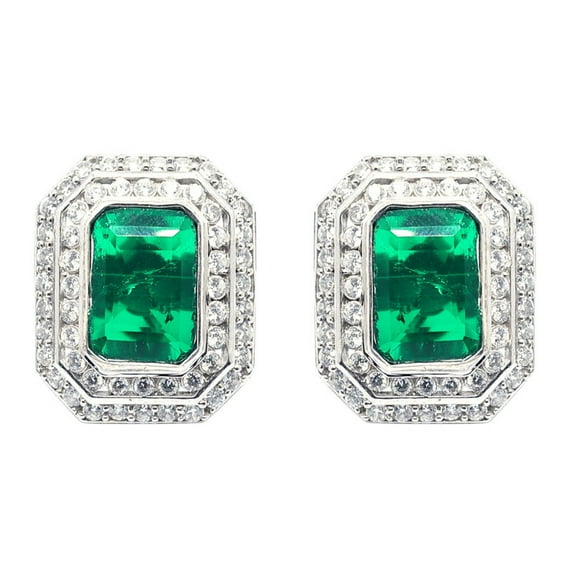 Auory Rich Green Emerald Stud Earrings in White Gold-Plated Finish with ...