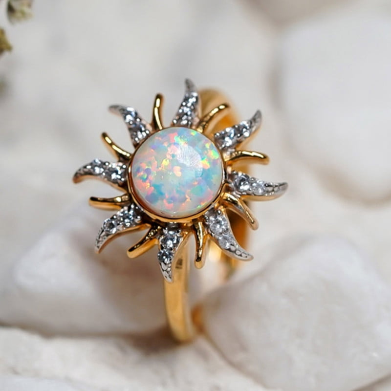 Auory Sunburst Round Opal and Moissanite Ring - Yellow Gold Plated ...