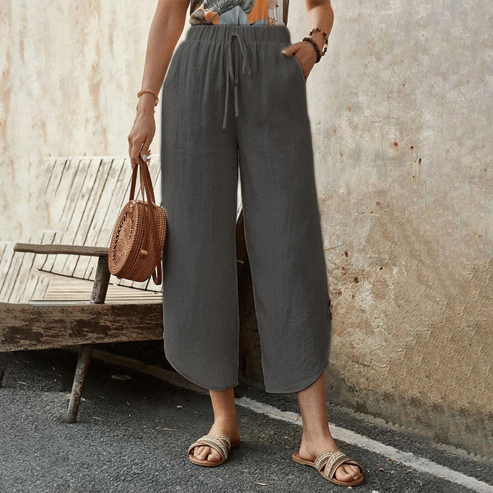 Aupcxou Pants Fashion Women Summer Elastic Waist Pocket Pants Casual ...