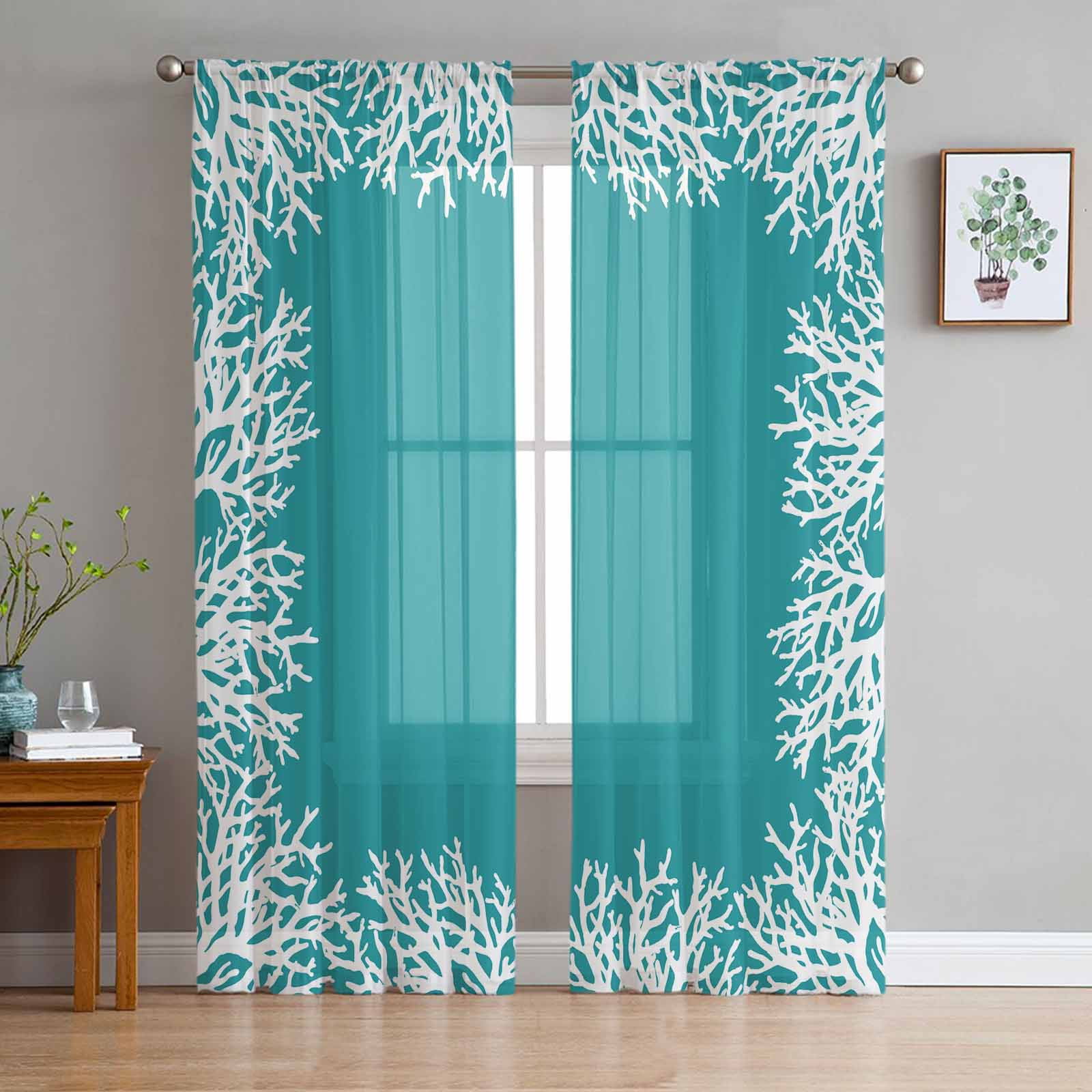 Auqa Coastal Coral Semi Sheer Curtains 96 Inch Length 2 Panels Set ...