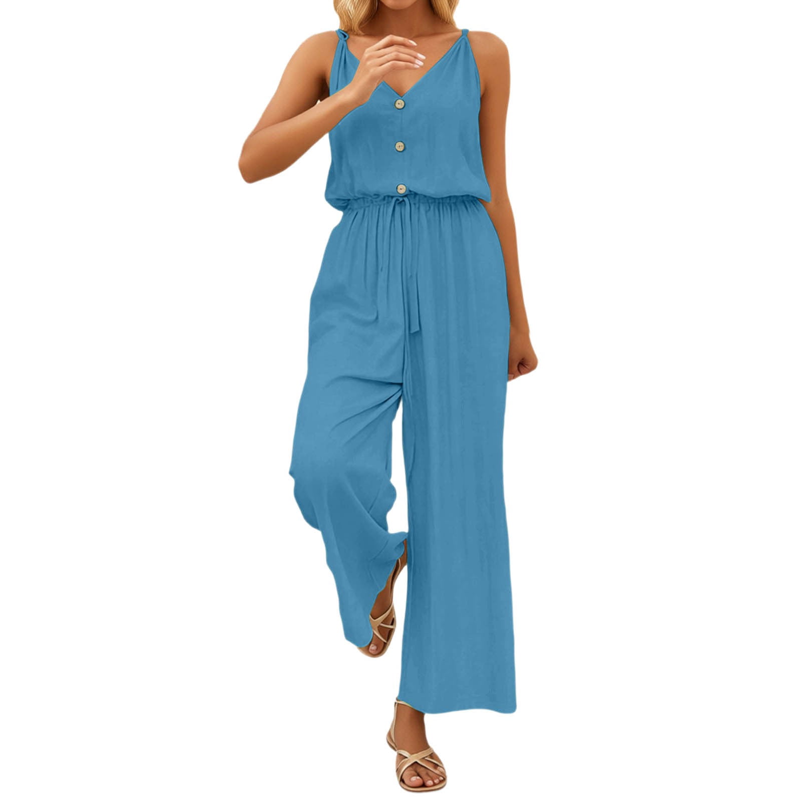 Aura Lane Women's Button Front Jumpsuit Sleeveless Elastic Waist Wide ...