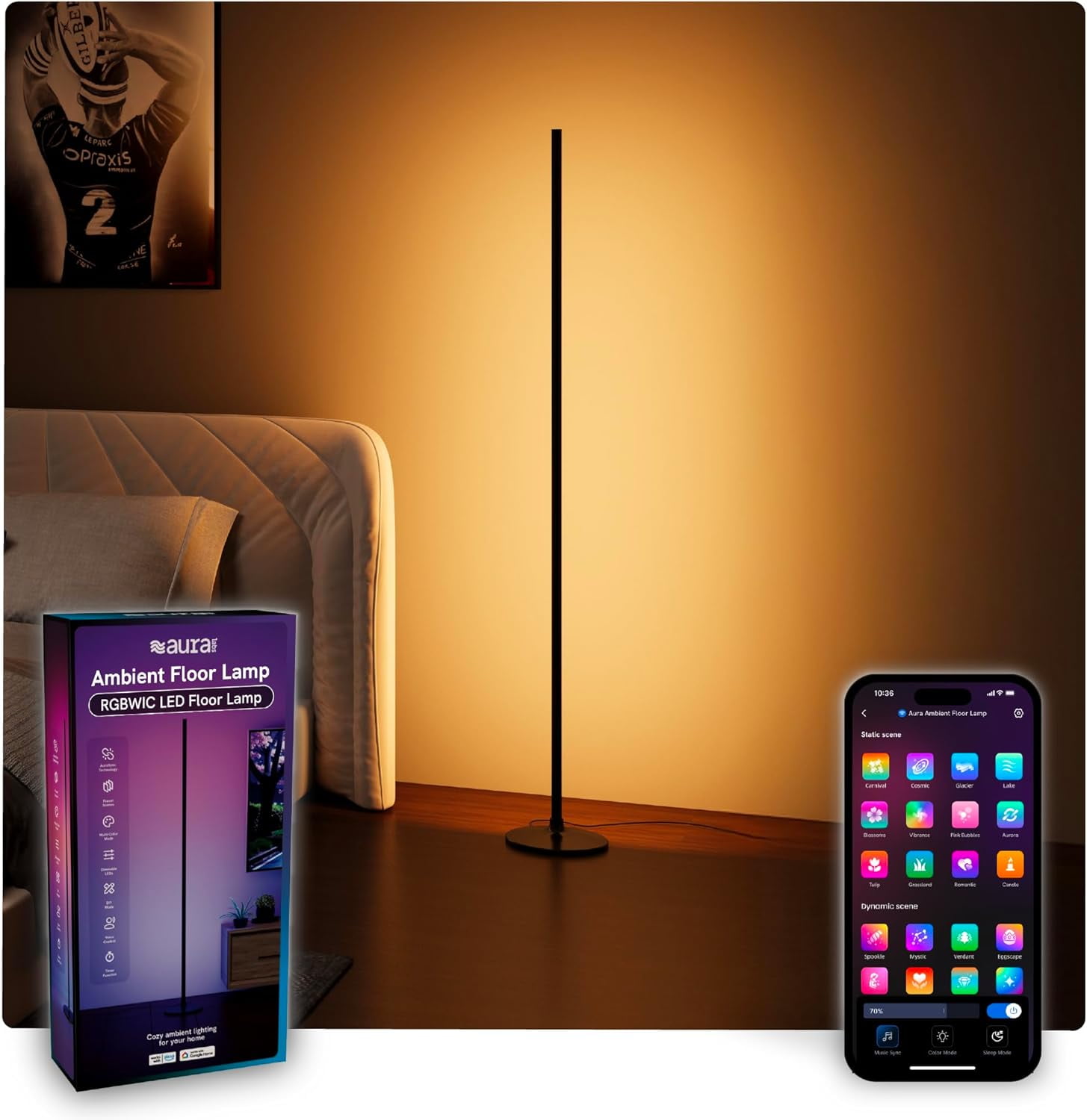Aura RGBICW Floor Lamp, Ambient Lighting LED Corner Light App & Voice ...