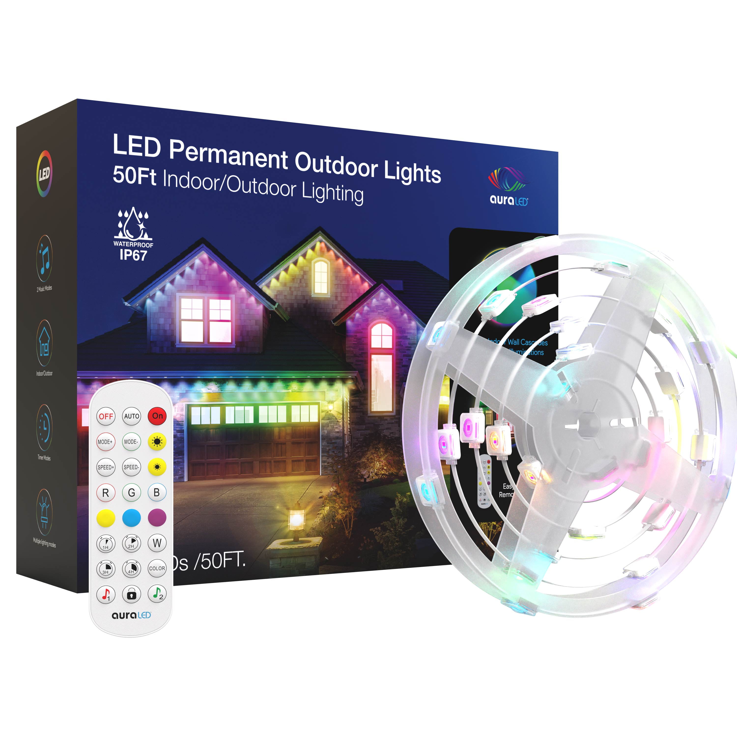 AuraLED Permanent LED Indoor / Outdoor Christmas Lights, 50ft. Remote ...