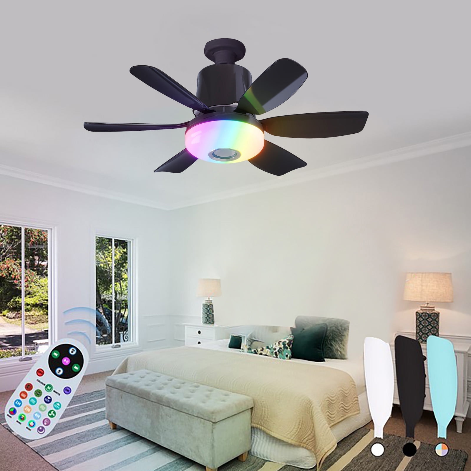 Auraaa 19-Inch Ceiling Fan with LED Light and Remote, Flush Mount, Dimmable, Noiseless, Black ...