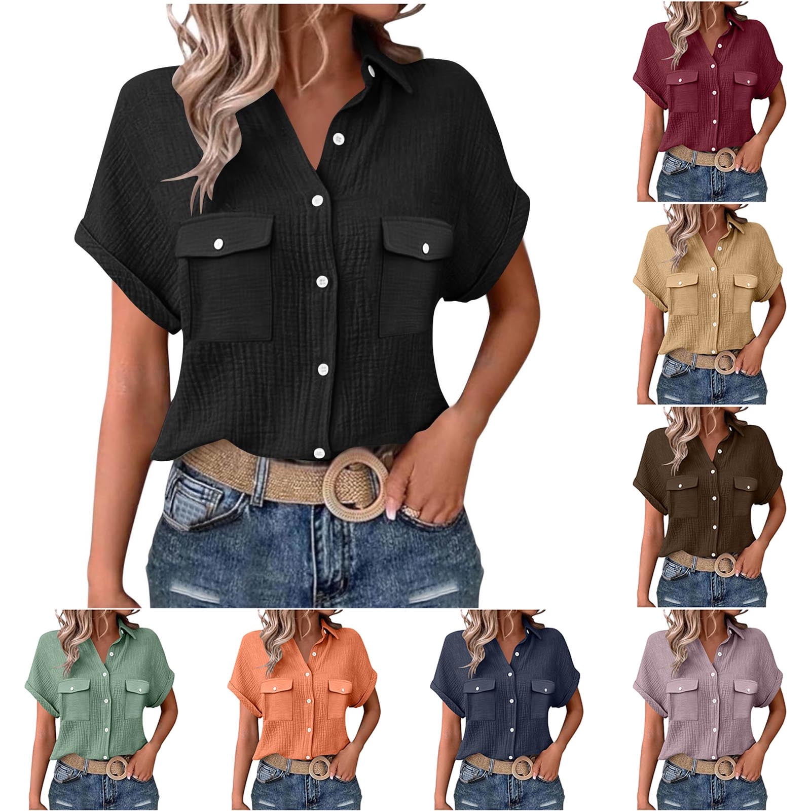 Auralook Women Solid Blouses Short Sleeve Button Down Pocket Shirts ...