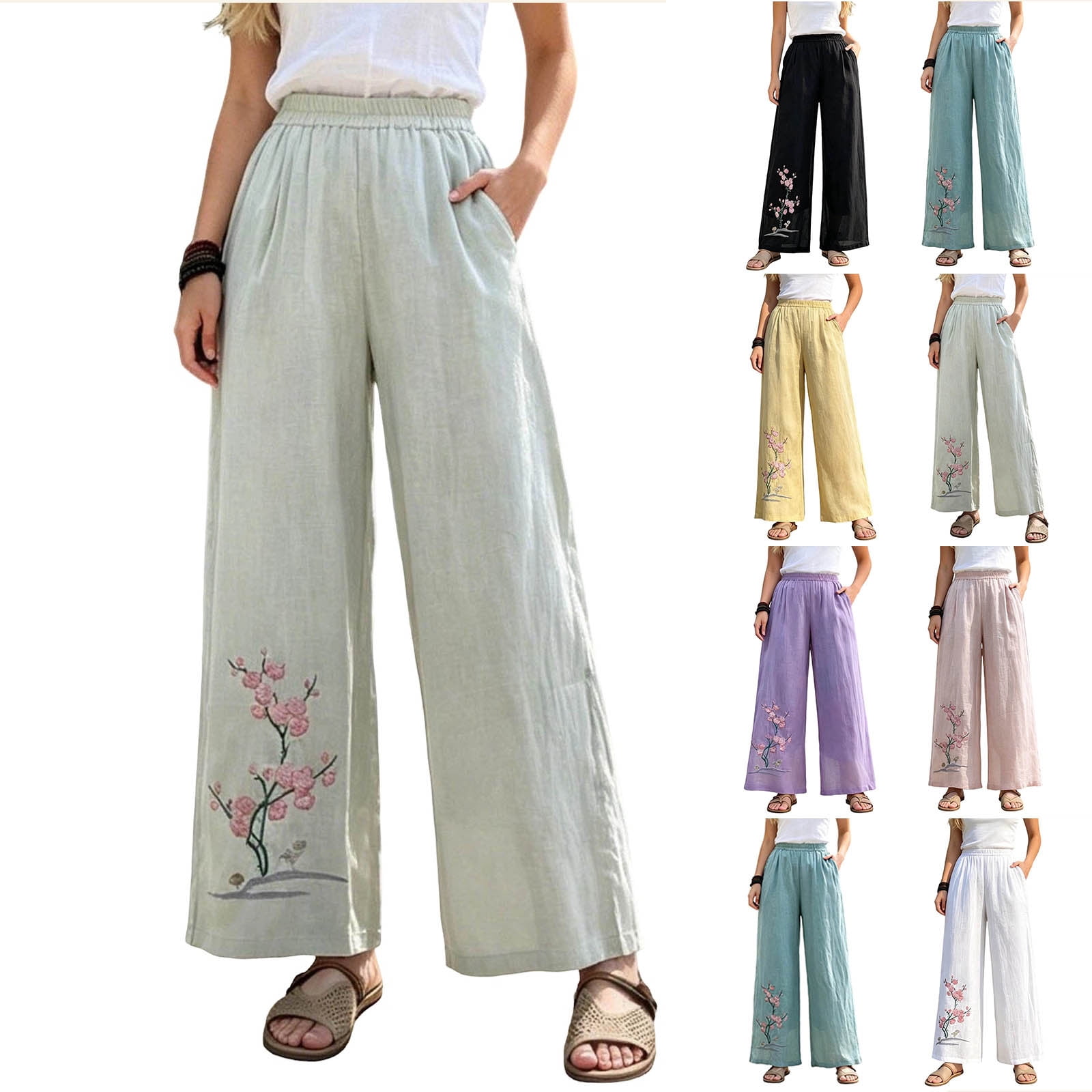 Auralook Women's Cotton Line Embroidered Straight Leg Pants Loose Fit ...