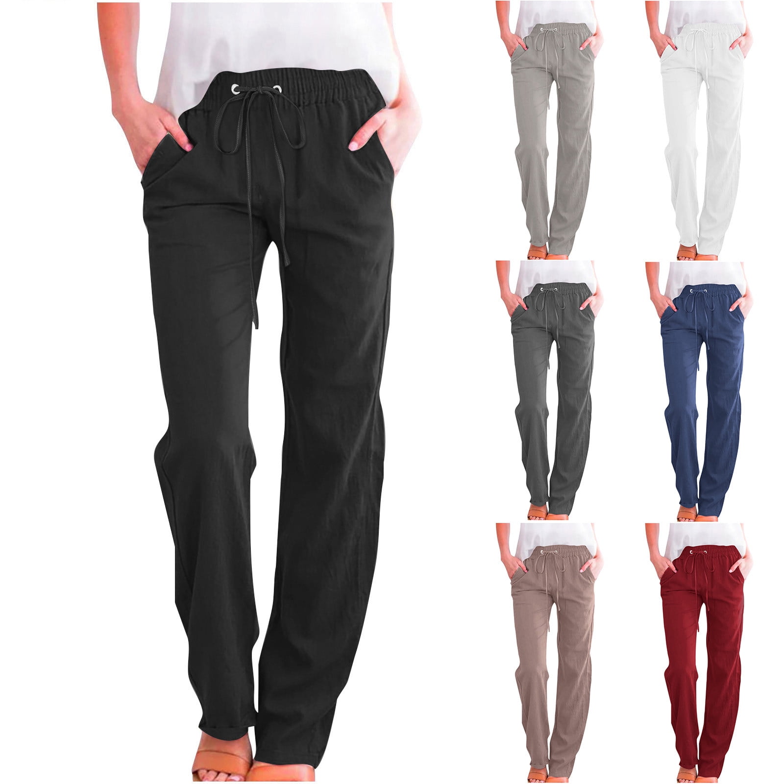 Auralook Women's Cotton Linen Pants Straight Leg Drawstring Pants ...
