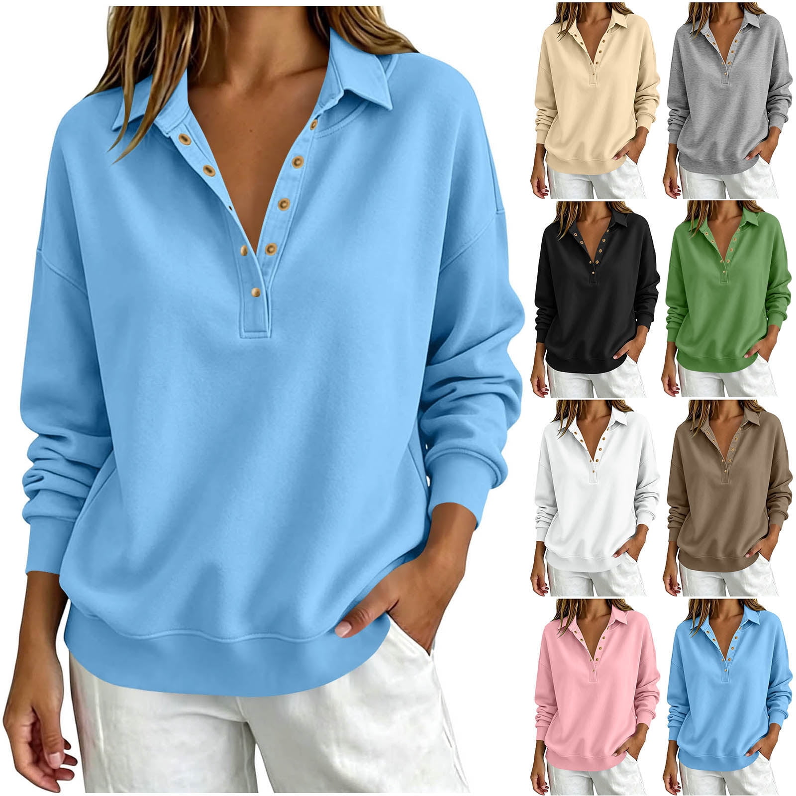 Auralook Women's Oversized Snap Button Sweatshirts Long Sleeve Stand V ...