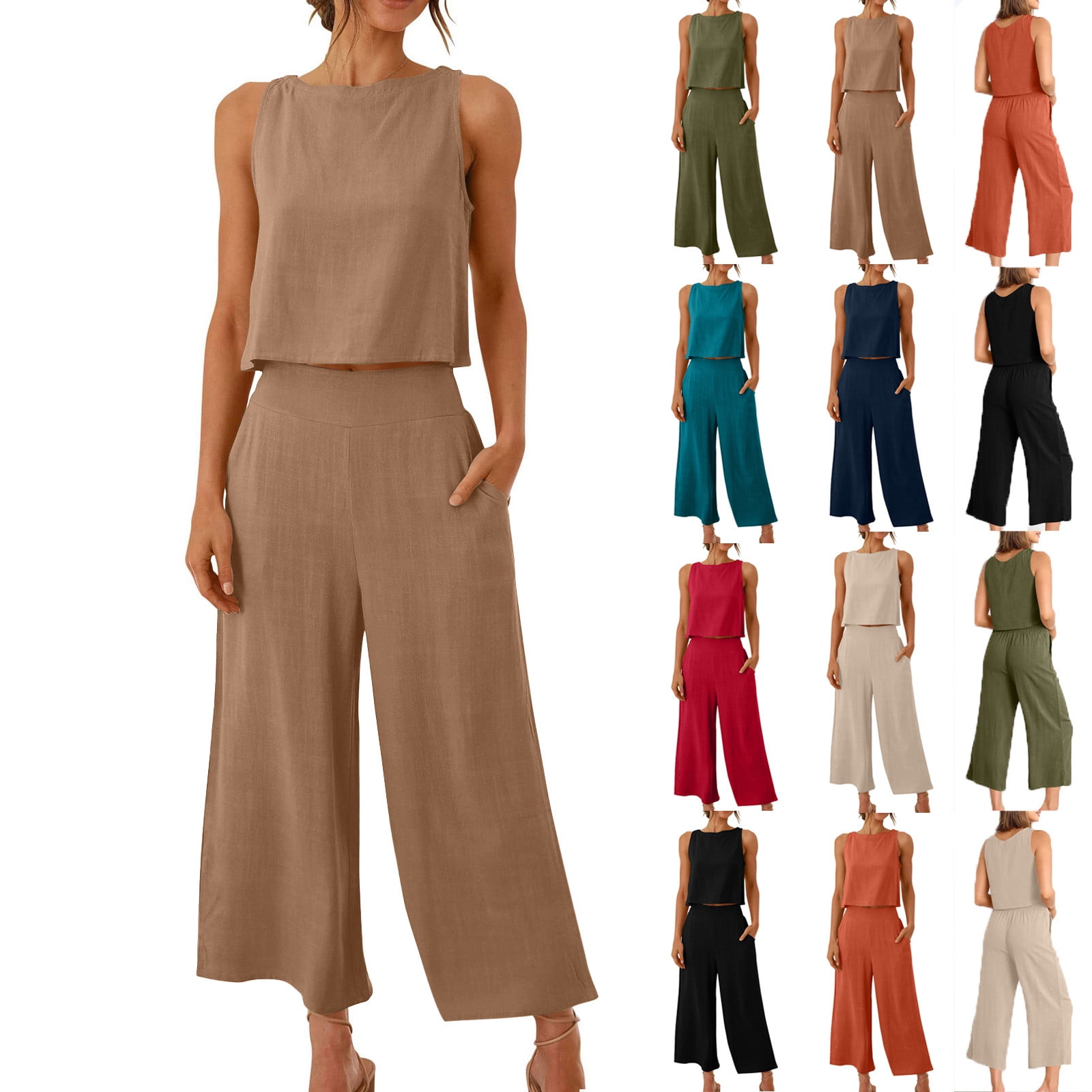 Auralook Women's Summer 2 Piece Outfits Set Round neck Sleeveless Tank ...