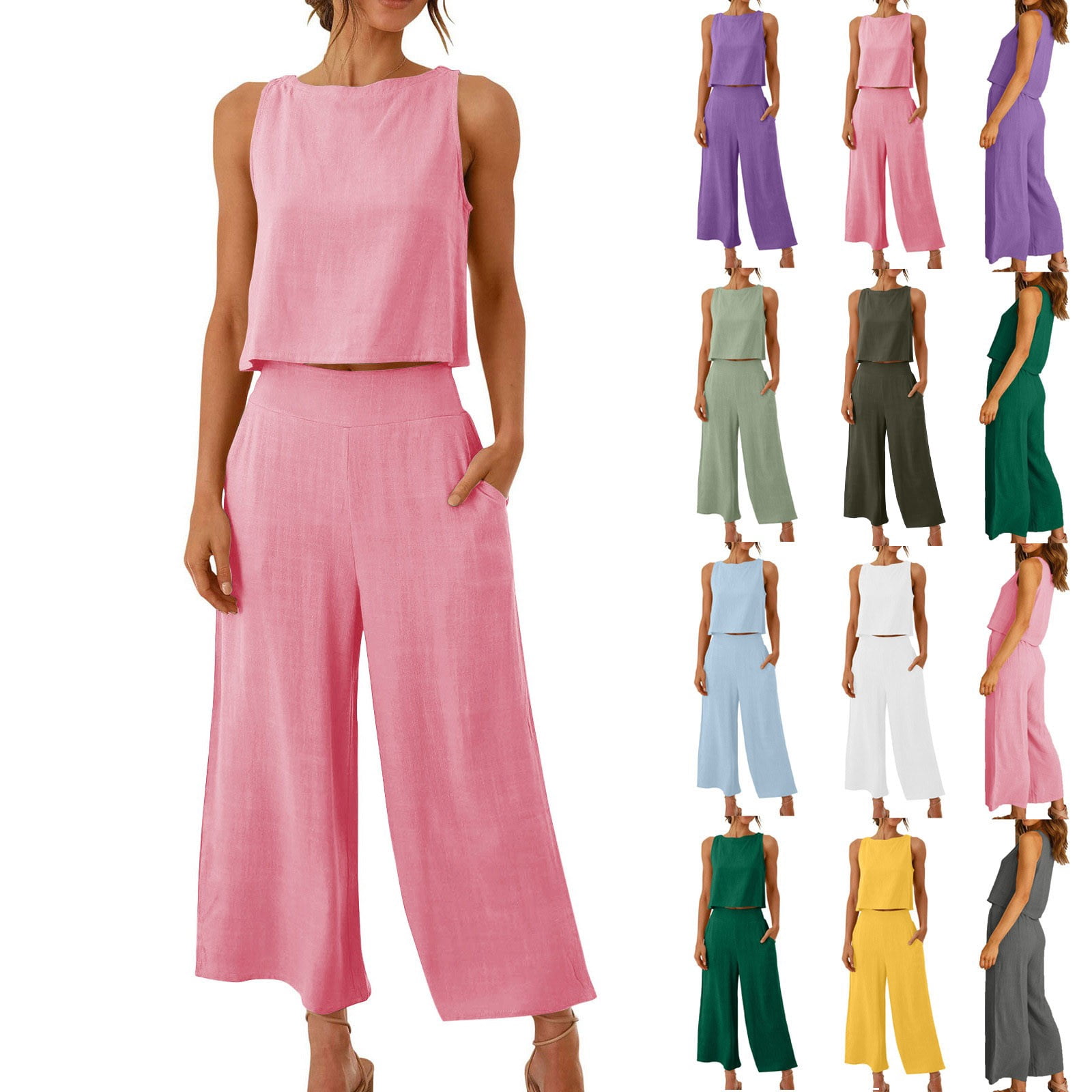 Auralook Women's Summer 2 Piece Outfits Set Round neck Sleeveless Tank ...
