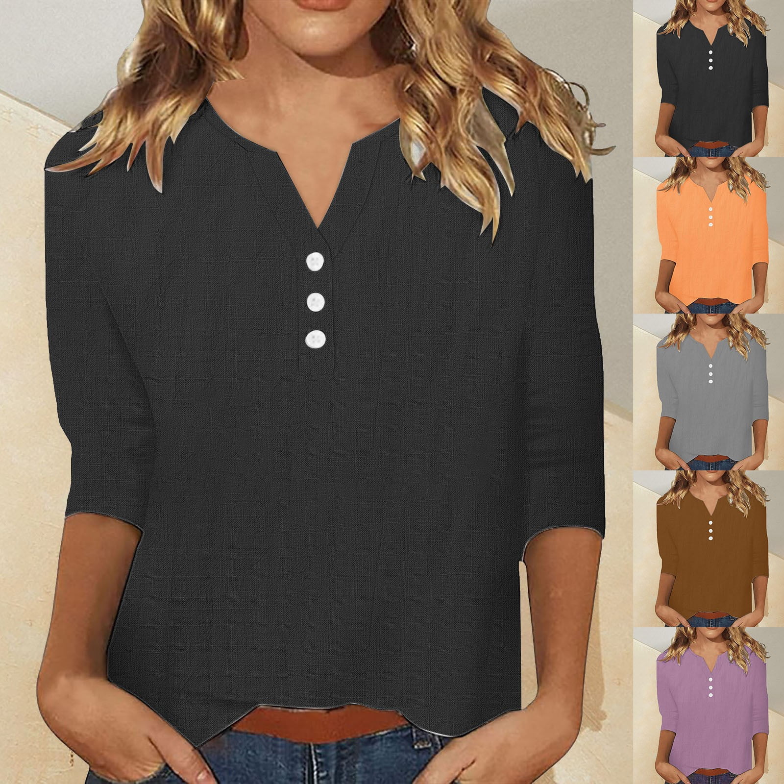 Auralook Womens 3/4 Sleeve T-Shirts V Neck Buttons Tops Basic Tee Solid ...