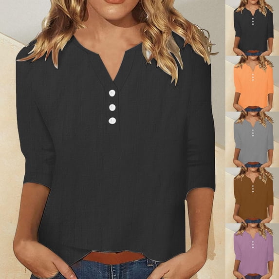 Auralook Womens 3/4 Sleeve T-Shirts V Neck Buttons Tops Basic Tee Solid ...