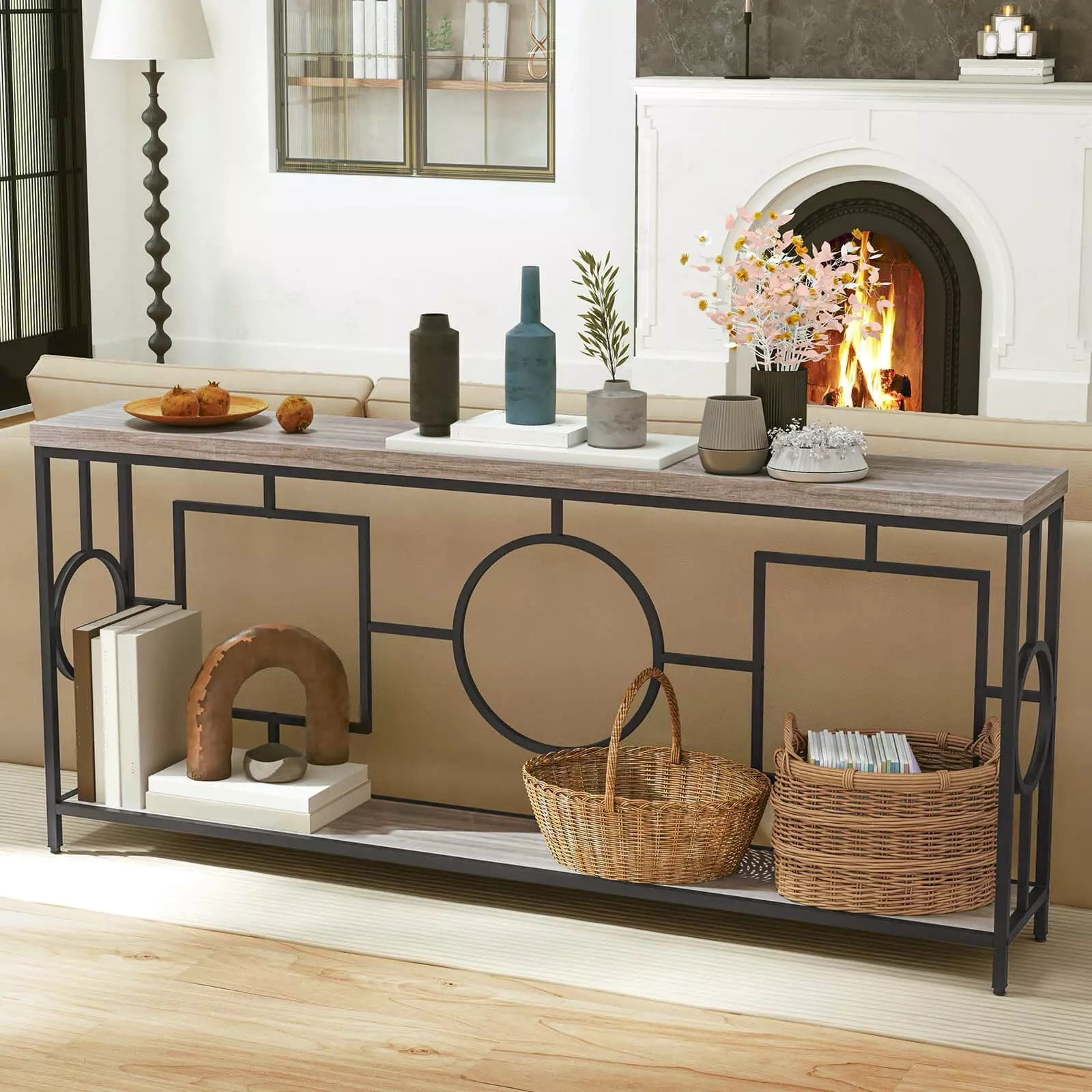 Auranook 2-Tier Mid-Century Modern Console Table 71" Narrow Console ...