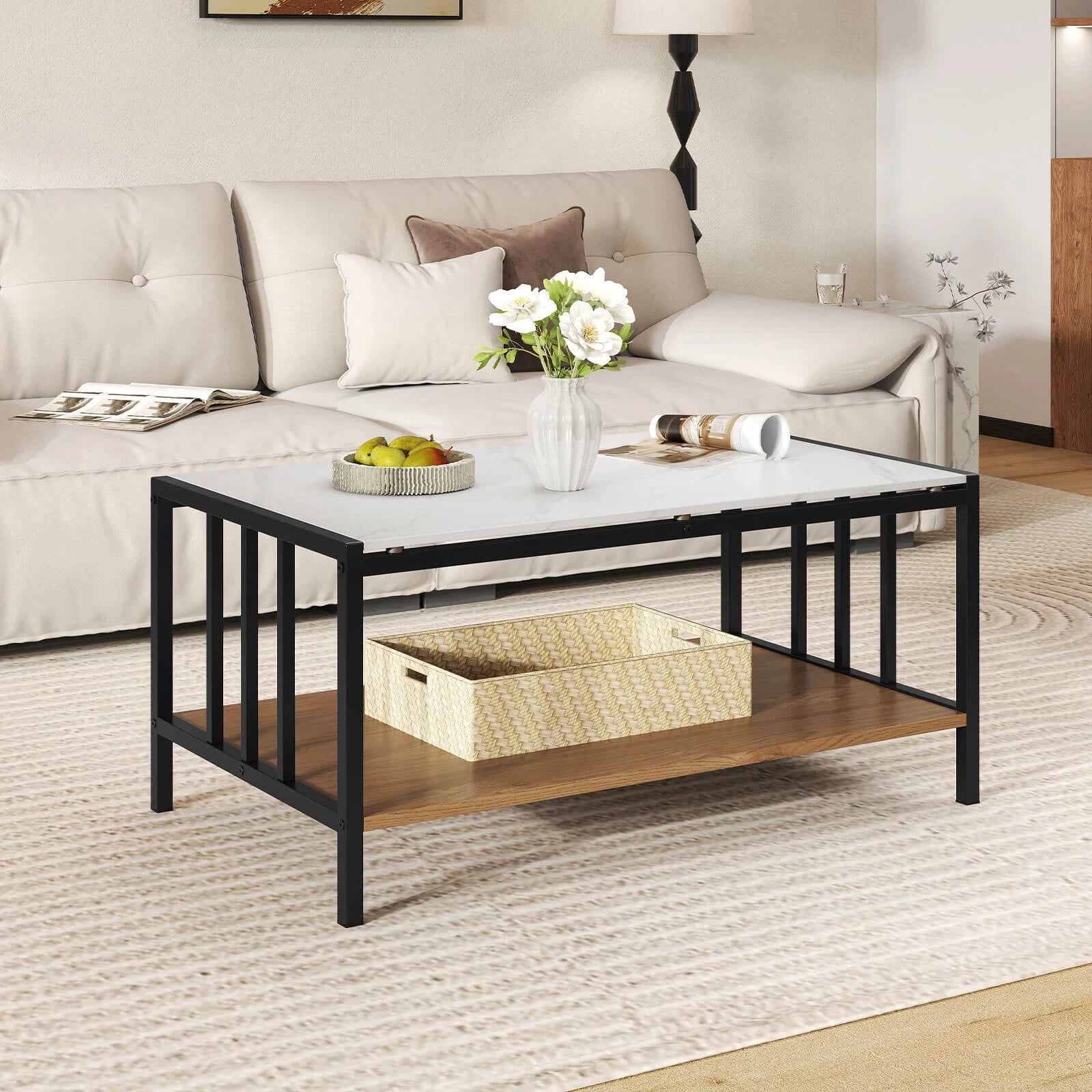 Auranook 2-Tier Rectangular Coffee Table w/Rock Slab Tabletop Open Shelf for Living Room ...