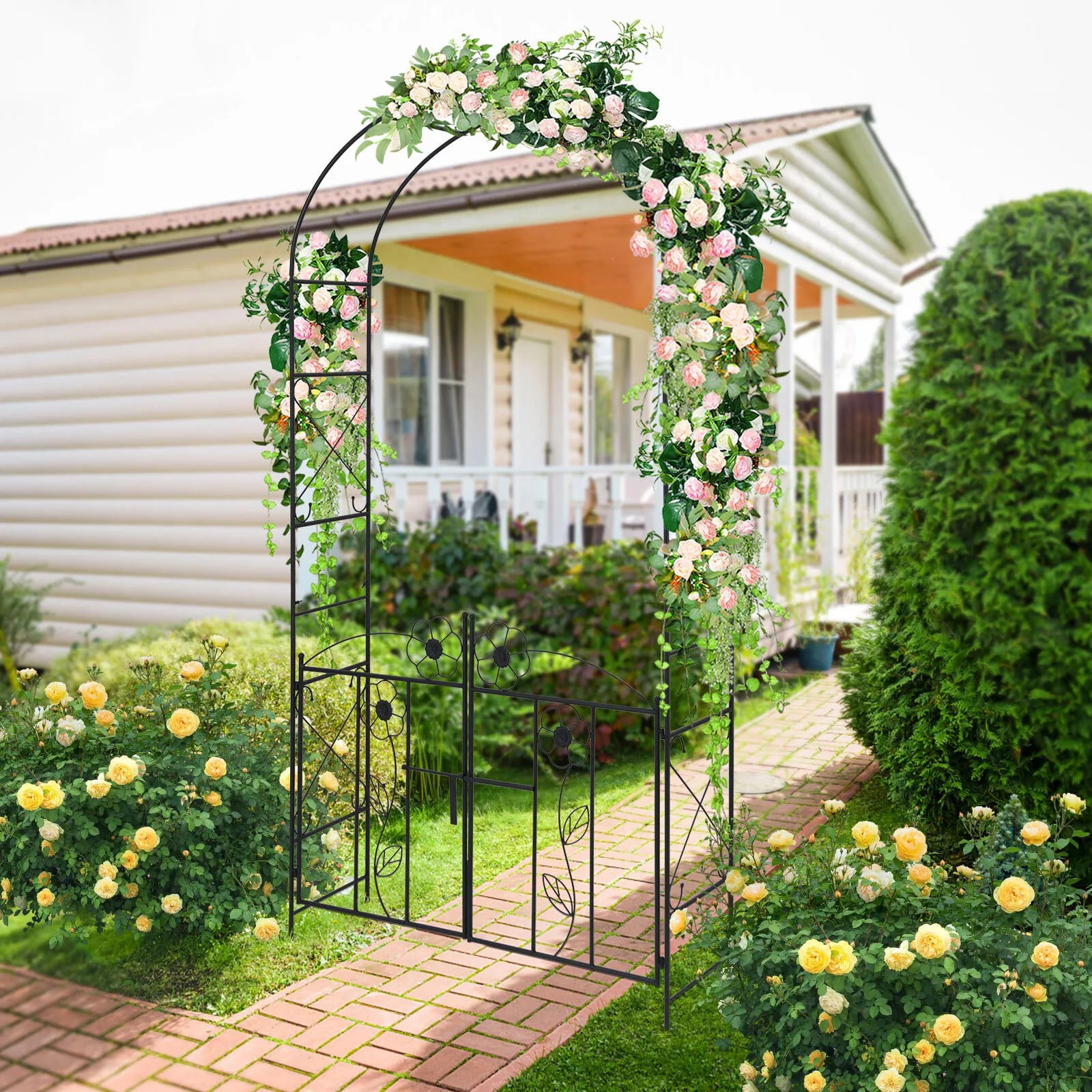 Auranook 2 in 1 Garden Arbor Decorative Wedding Arch w/ Door & Latch ...