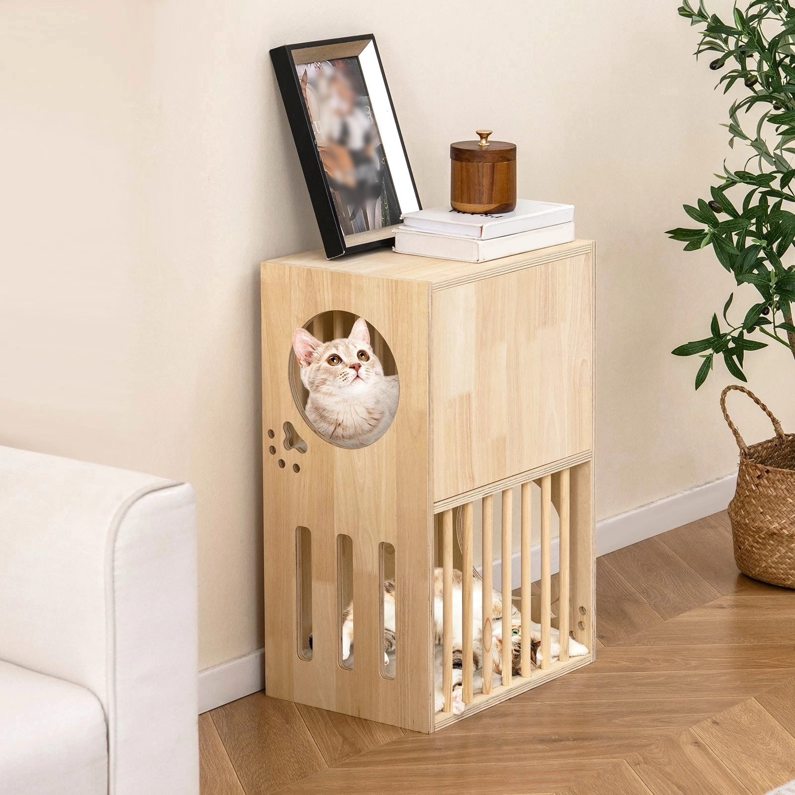 Auranook 2-tier Wooden Cat Condo, Indoor Symmetrical Cat House w ...