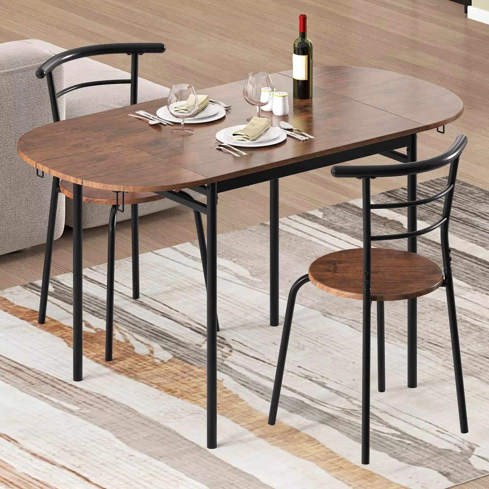 Auranook 3 Pcs Foldable Dining Table Set w/ 2 Chairs Industrial Oval ...