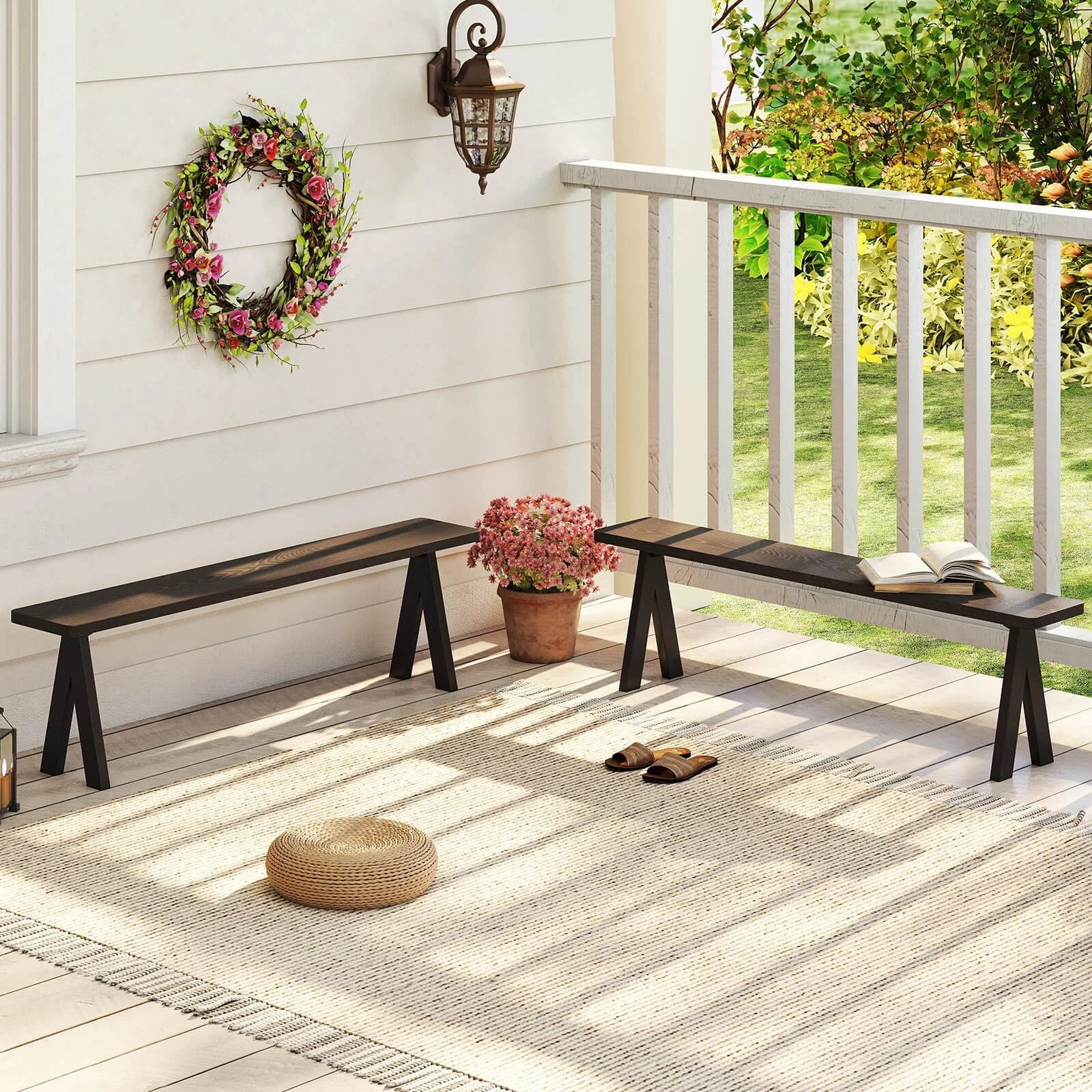Auranook 3-Person Outdoor Bench Set of 2, Rustproof Patio Backless ...
