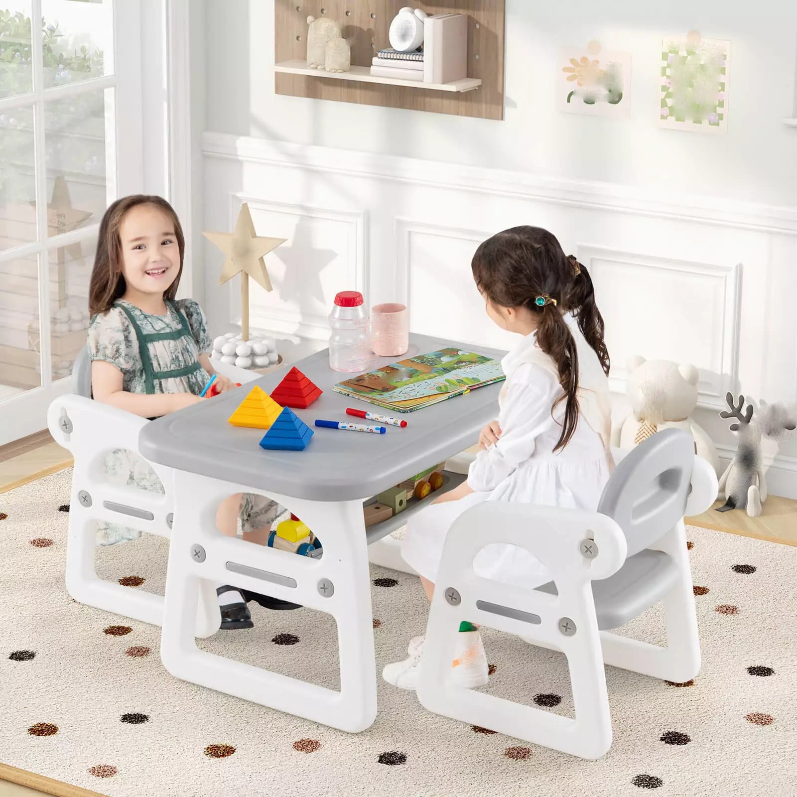 Auranook 3-Piece Kids Table and Chairs Set, Toddler Activity Table with 2 Chairs for Reading ...