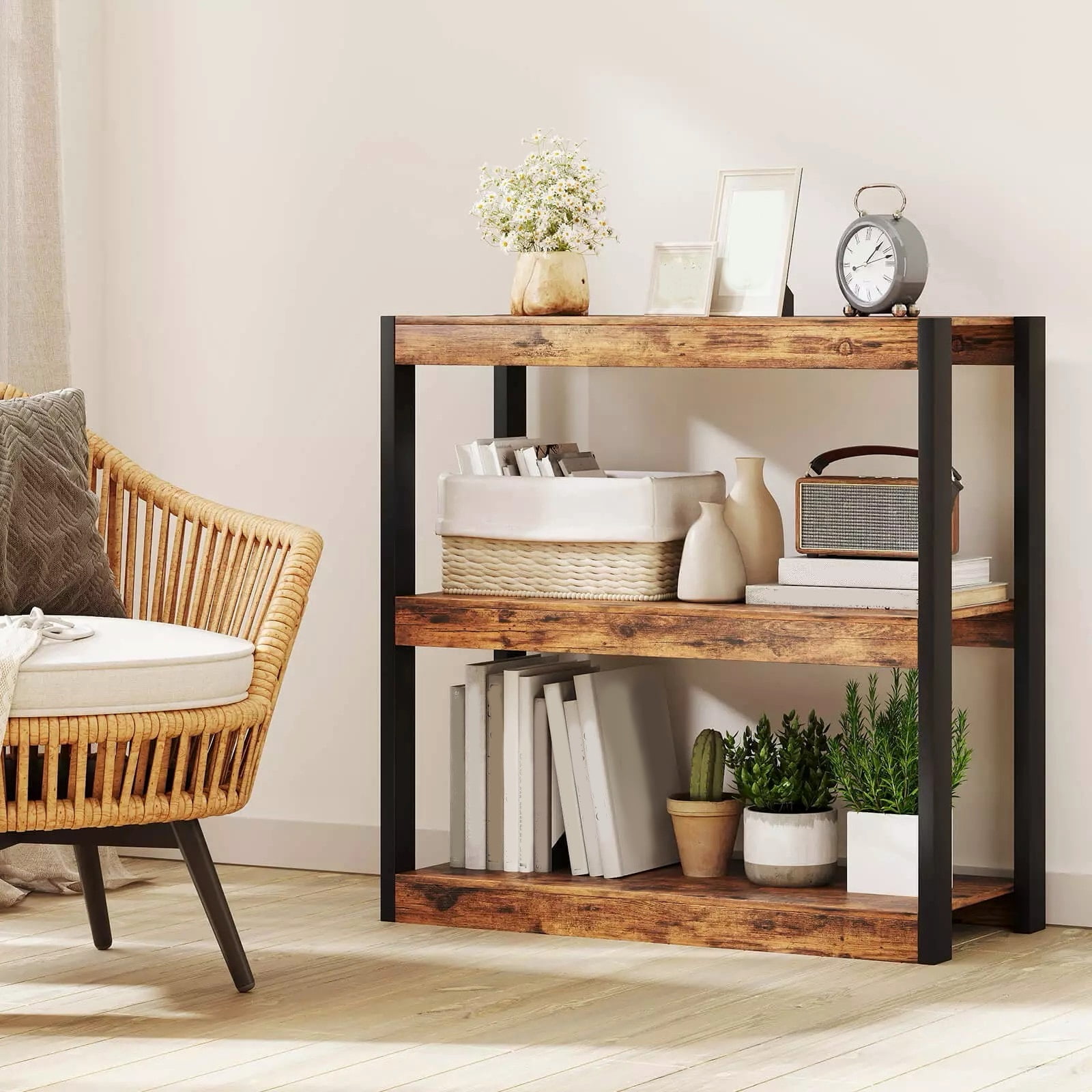 Auranook 3 Tier Open Bookshelf, Freestanding Wooden Bookcase with Front ...