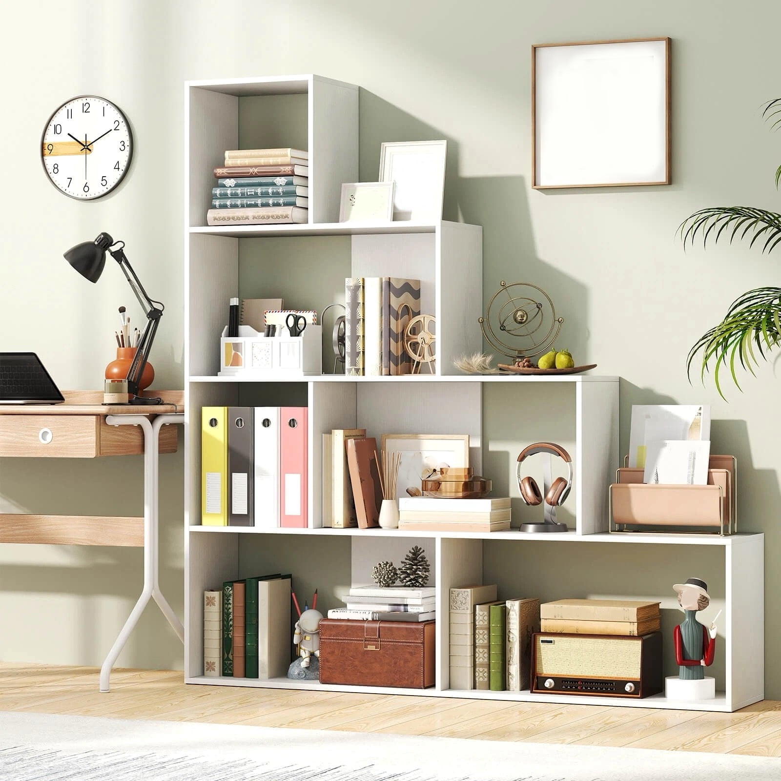 Auranook 4-Tier Bookshelf with 6 Storage Cubes 64" Tall Modern ...