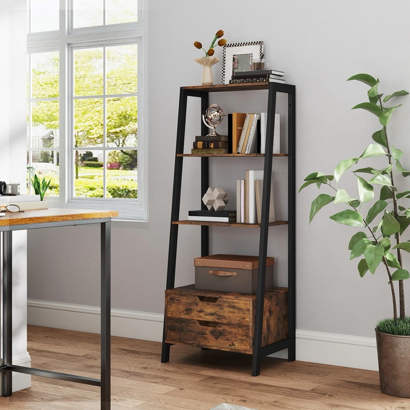 Auranook 4-tier Bookshelf w/2 Storage Drawers, Industrial Display ...