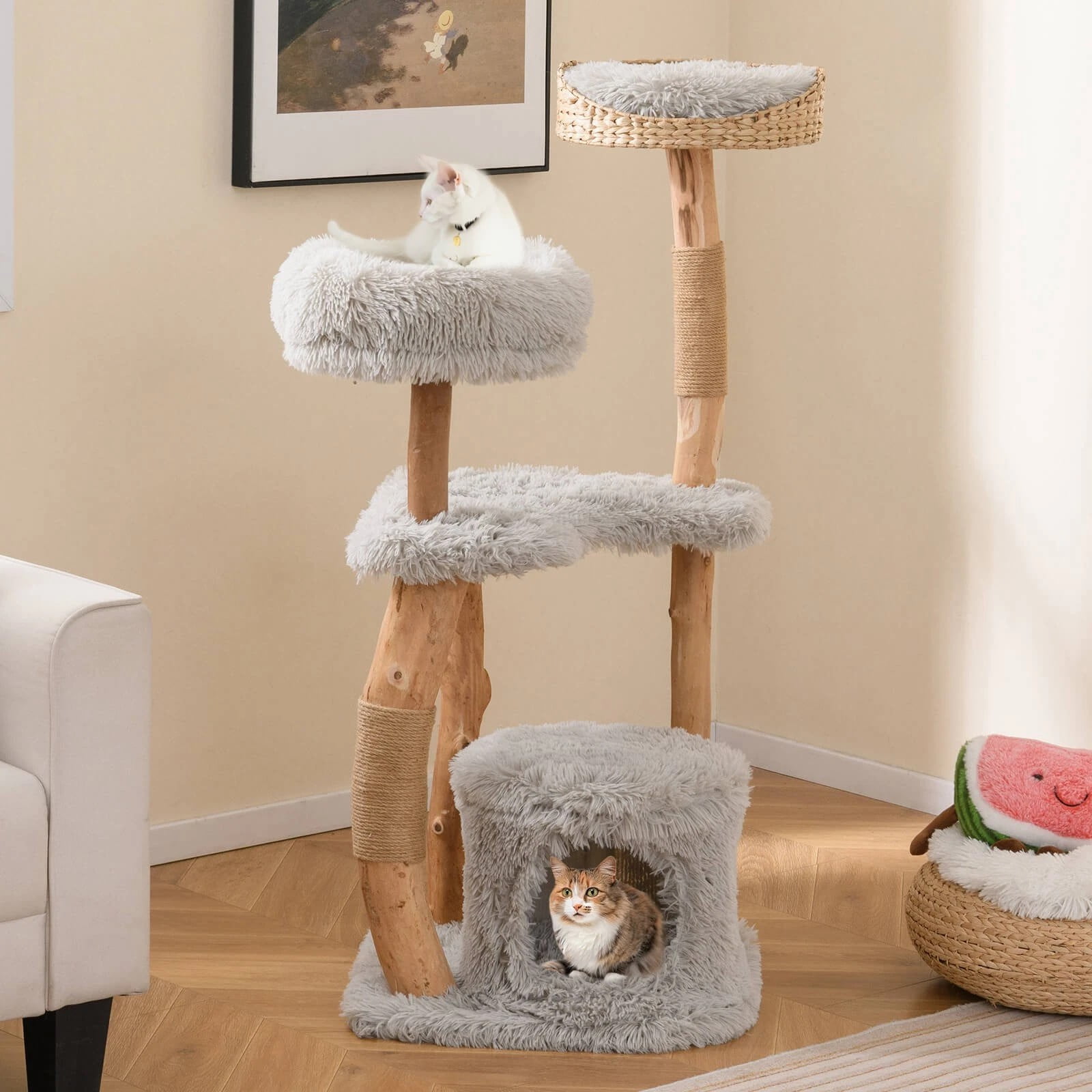 Auranook 49" Tall Wooden Cat Tree Solid Wood Cat Tower with Jute ...