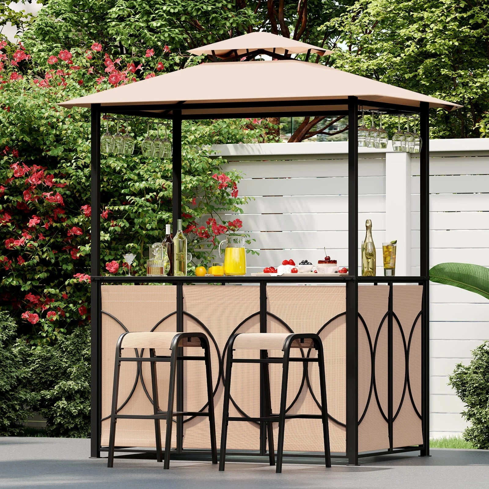 Auranook 6.5 x 4 x 8 FT Grill Gazebo Set w/ 2 Bar Stools, Tempered ...