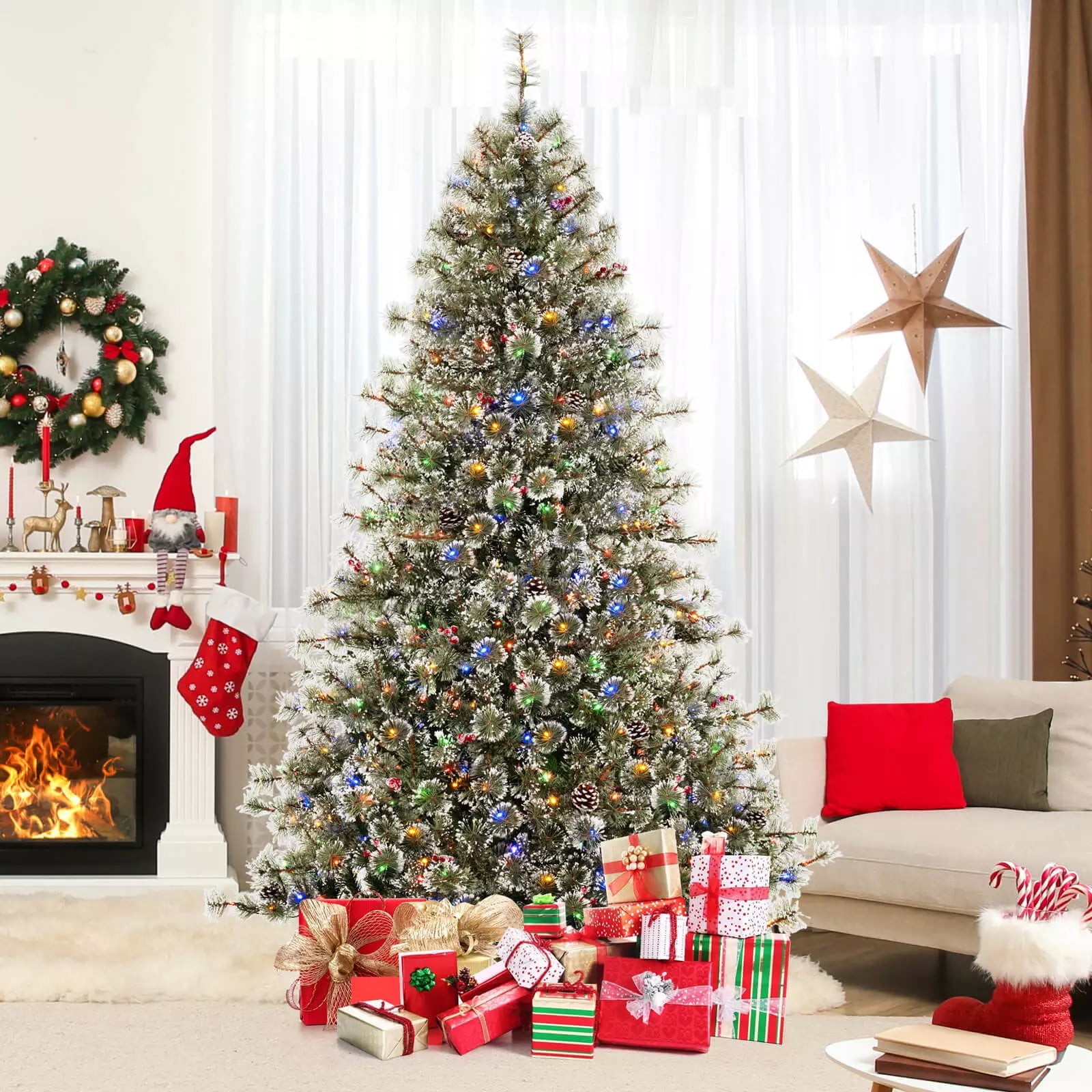 Auranook 7.5 FT Artificial Christmas Tree, Pre-lit Hinged Xmas Tree w ...