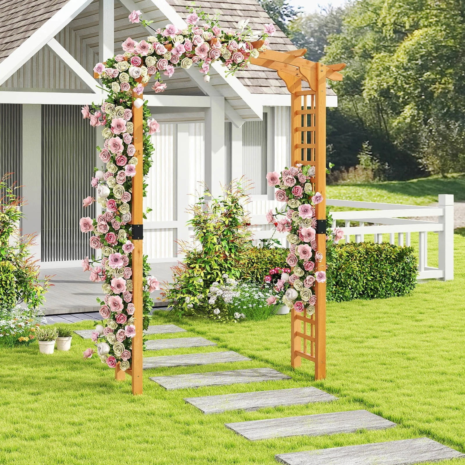 Auranook 7.5 FT Wooden Garden Arch, Outdoor Garden Arbor w/Wide Top ...