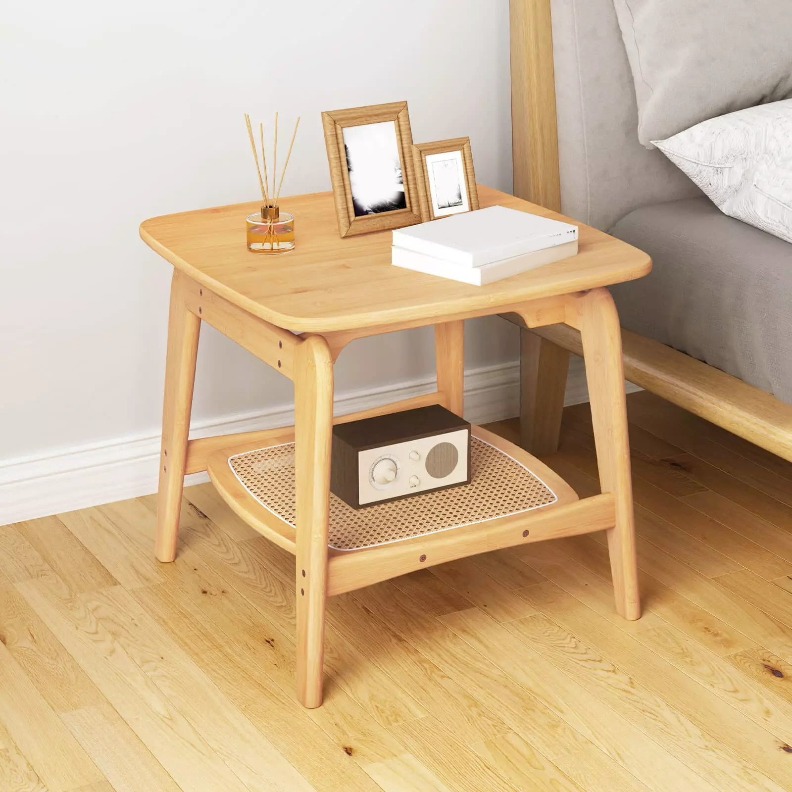 Auranook Bamboo Sofa Side Table w/ Faux Rattan Storage Shelf Boho End ...