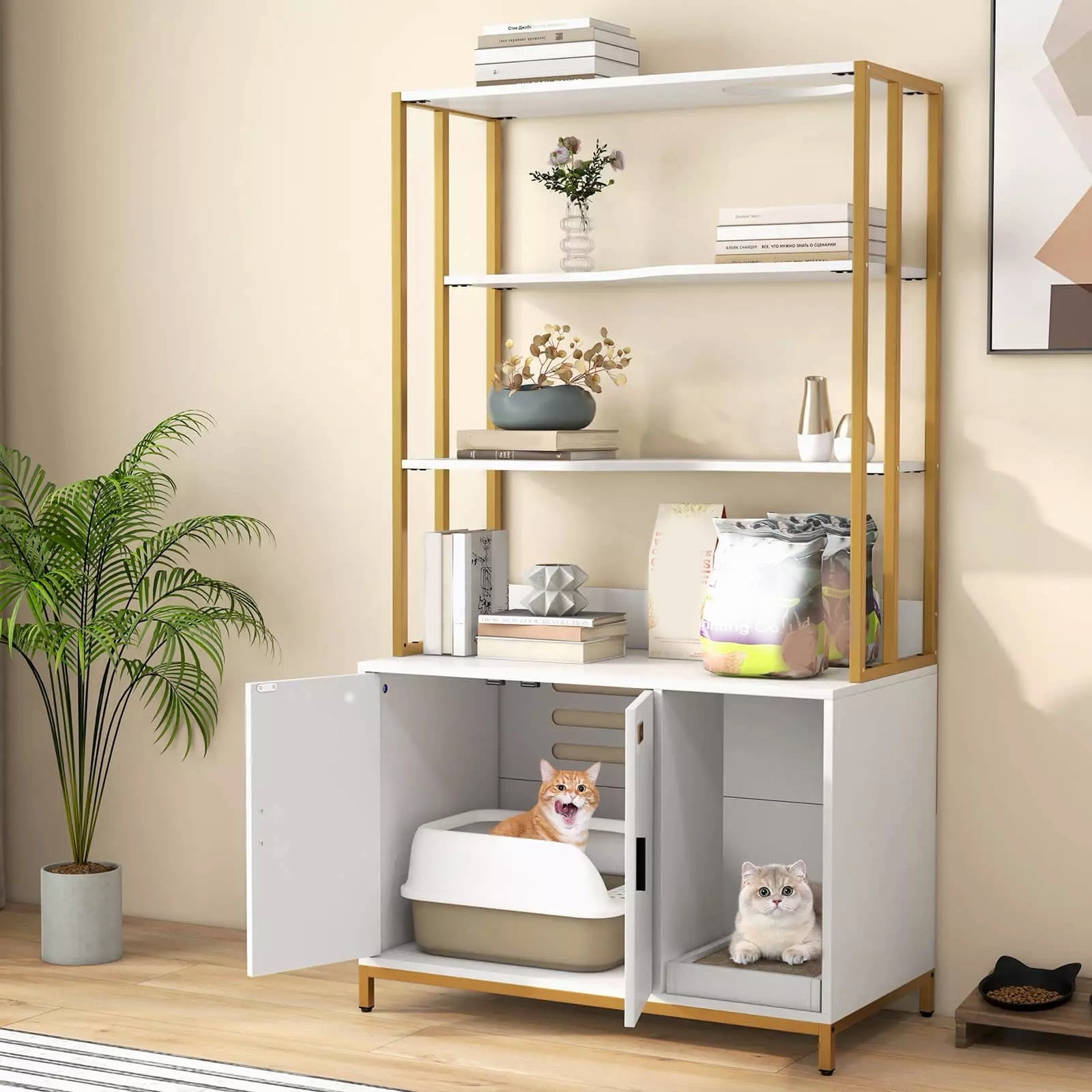 Auranook Cat Litter Box Enclosure with Storage, 61" Large 2-in-1 Hidden ...