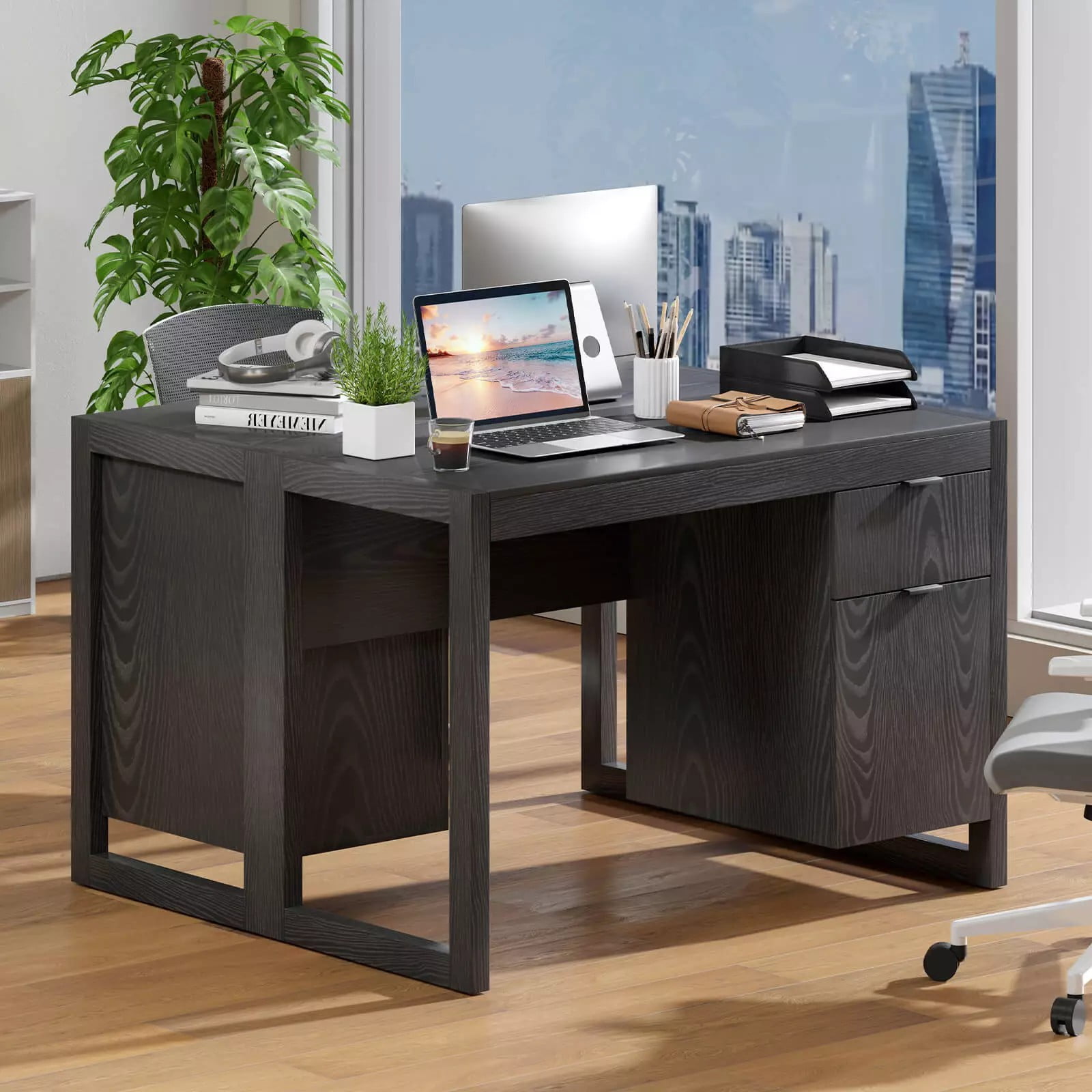Auranook Computer Desk w/ Storage Cabinet, Study Writing Desk w/ Pull ...