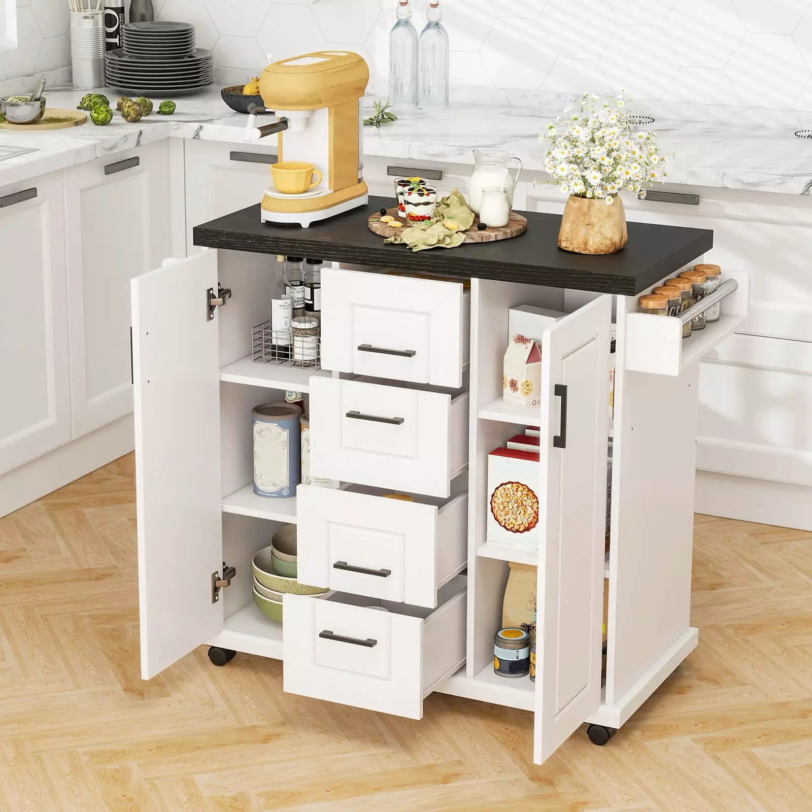 Auranook Kitchen Island, Rolling Kitchen Table with Wide Countertop, 4 ...