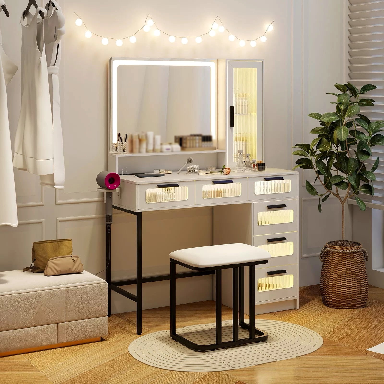 Auranook Modern Vanity Desk w/ Mirror & Induction Lighting, Bedroom Vanity Set w/3-Color ...