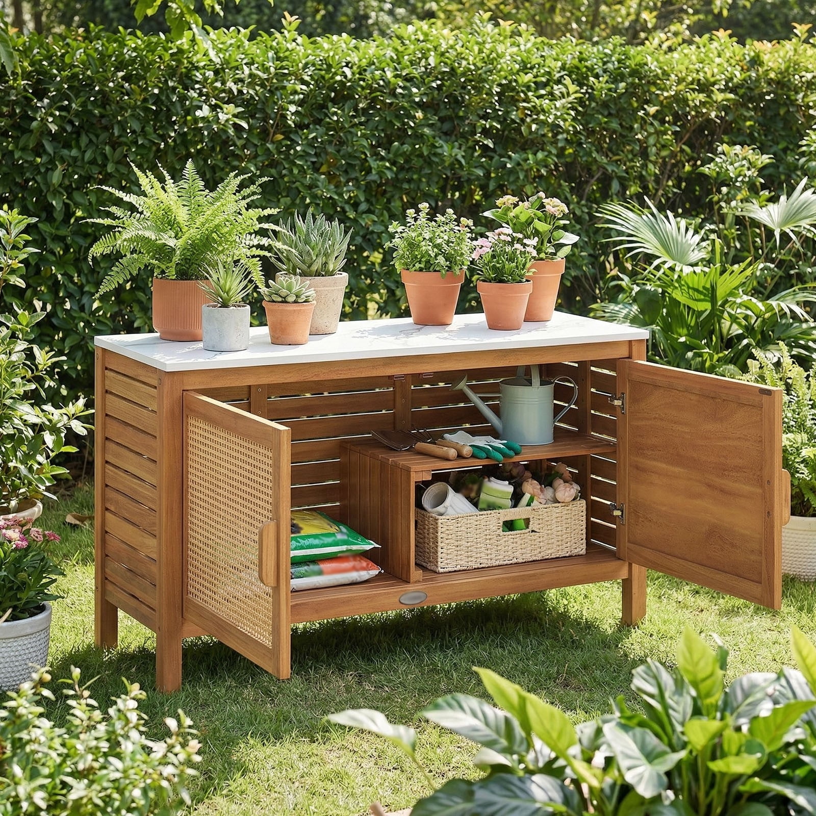 Auranook Outdoor Acacia Wood Storage Cabinet, Outside Tool Cabinet with ...