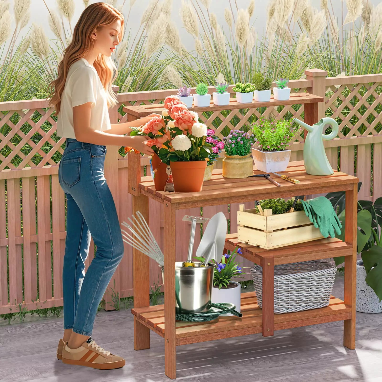 Auranook Outdoor Potting Bench Table, Solid Wood Potting Table with ...